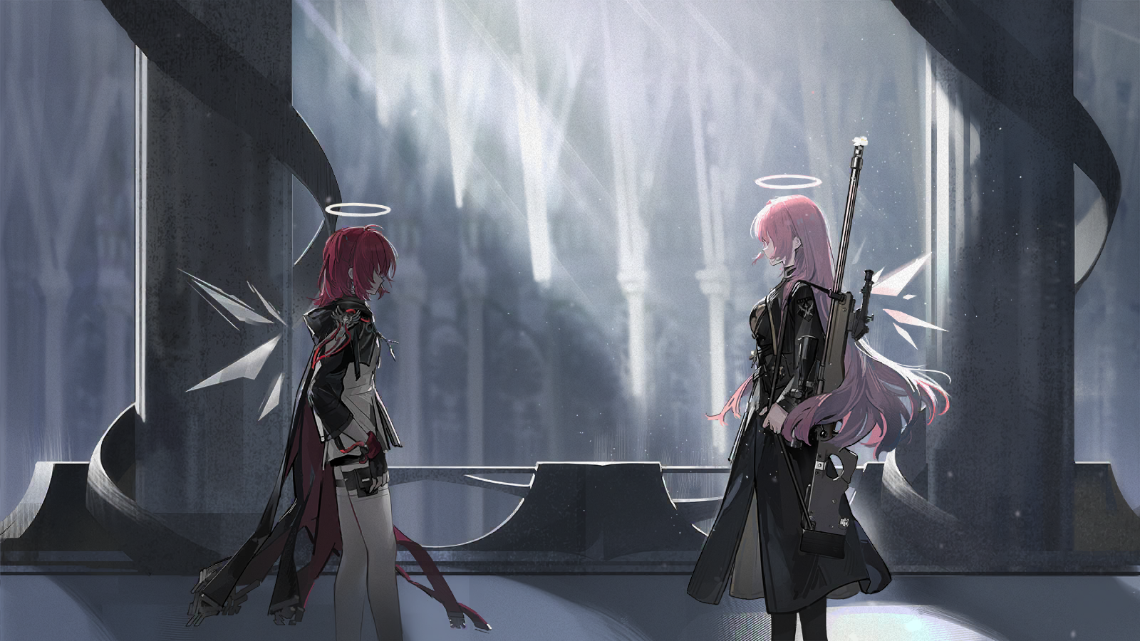 Safebooru - 2girls ai arctic warfare arknights black cape black dress black jacket bolt action ...